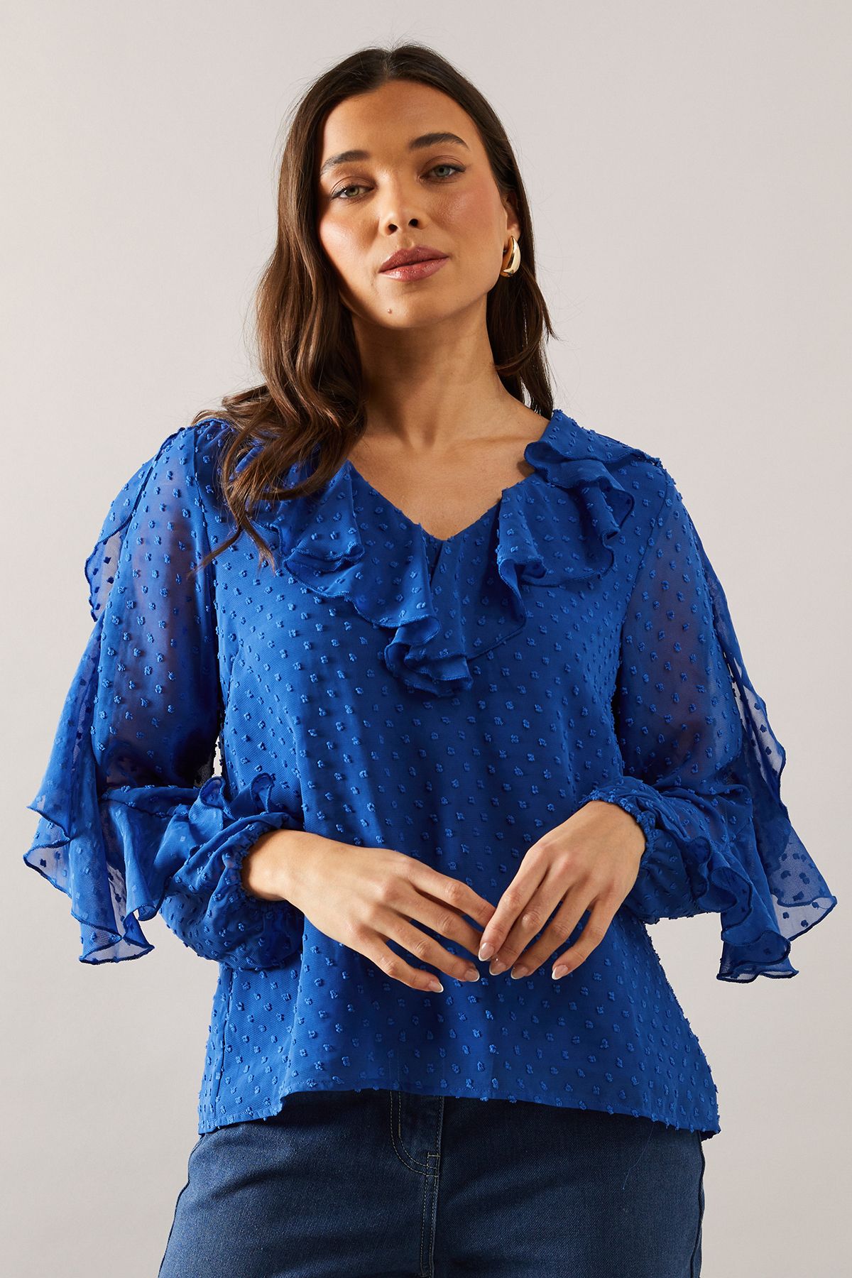 Petite Ruffle Detail Dobby Top