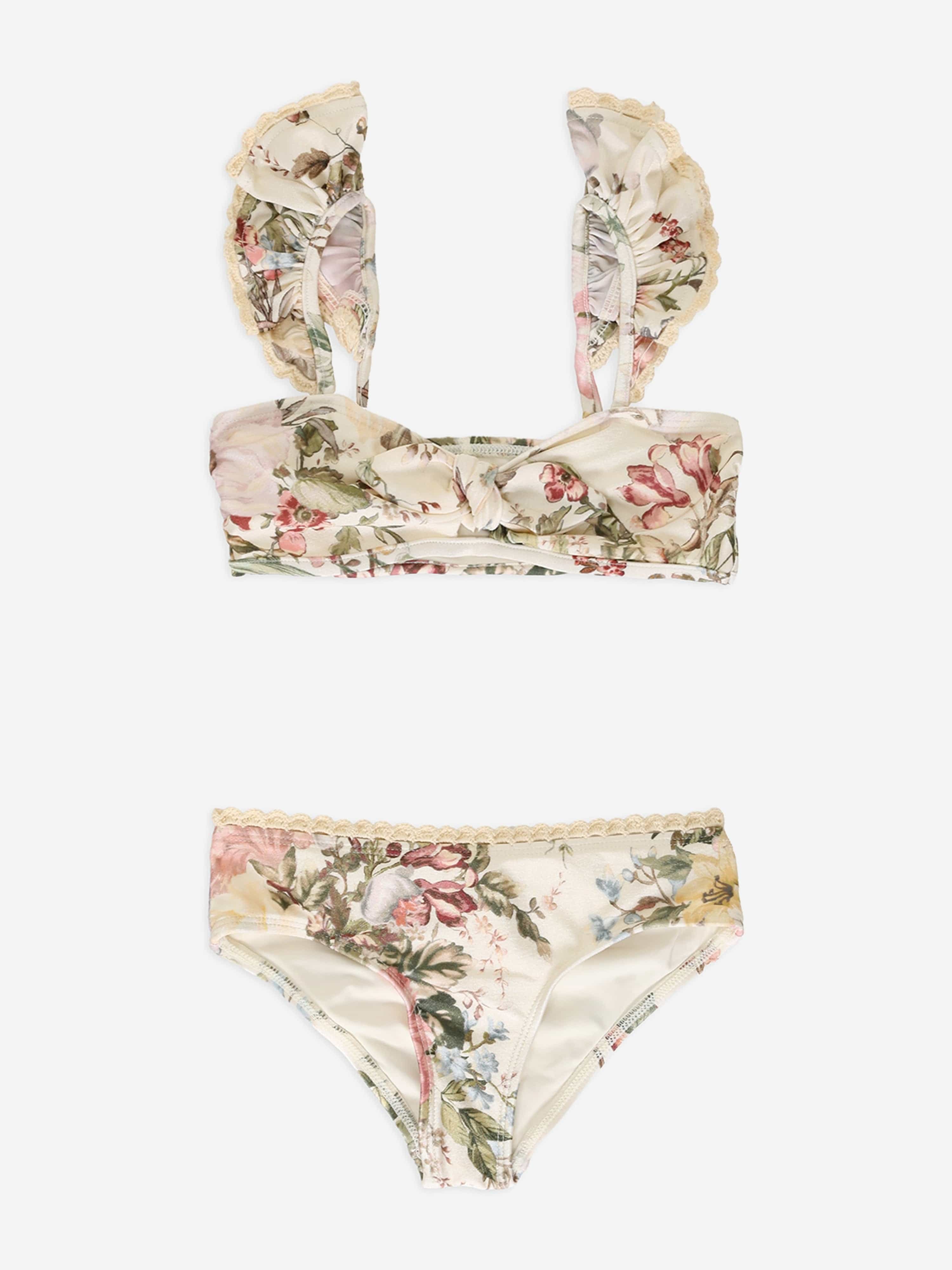 Zimmermann Girls Floral Waverly Trim Frill Bikini in Cream
