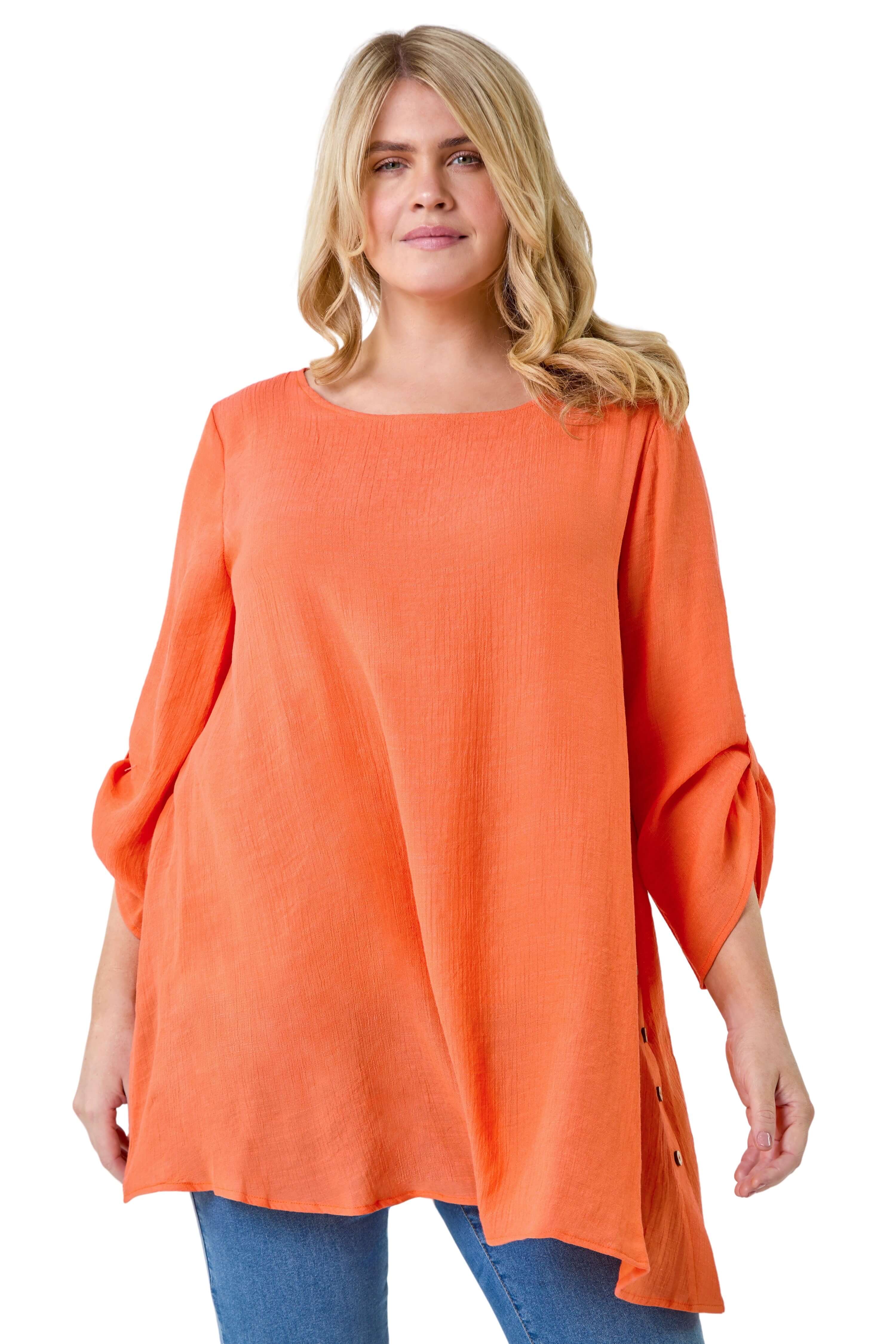 Curve Button Detail Woven Top