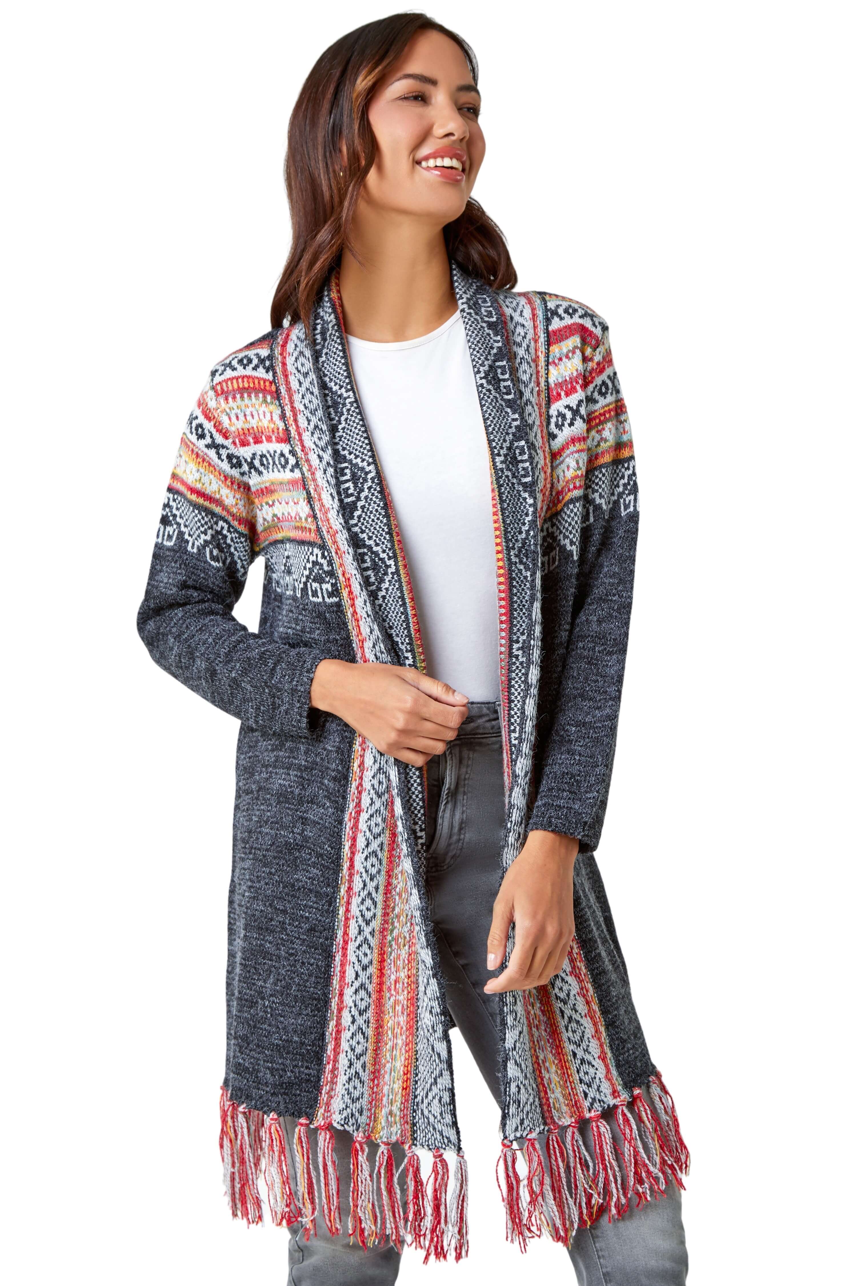 Aztec Print Tassel Hem Longline Cardigan