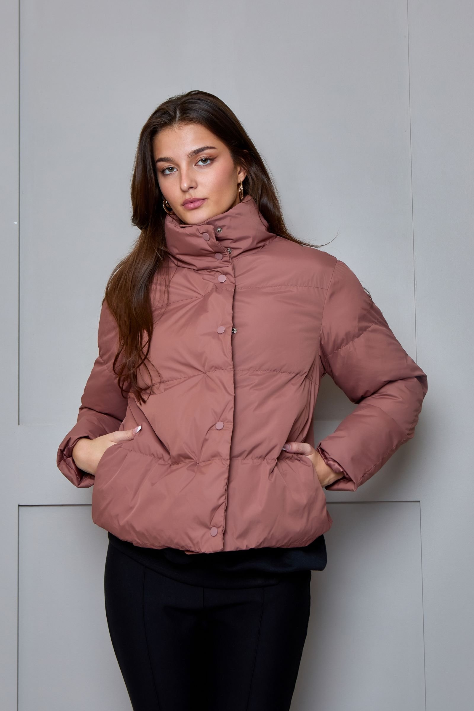 Cropped Padded Puffer Coat in Rust