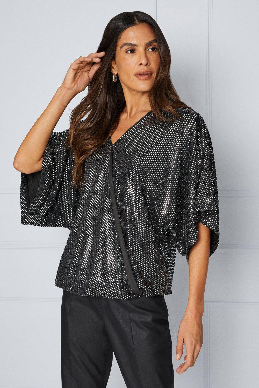 Wrap Batwing Sleeve Sequin Jersey Top