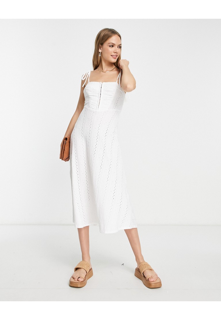 ASOS DESIGN broderie strappy midi tea dress with hook and eye detail in white