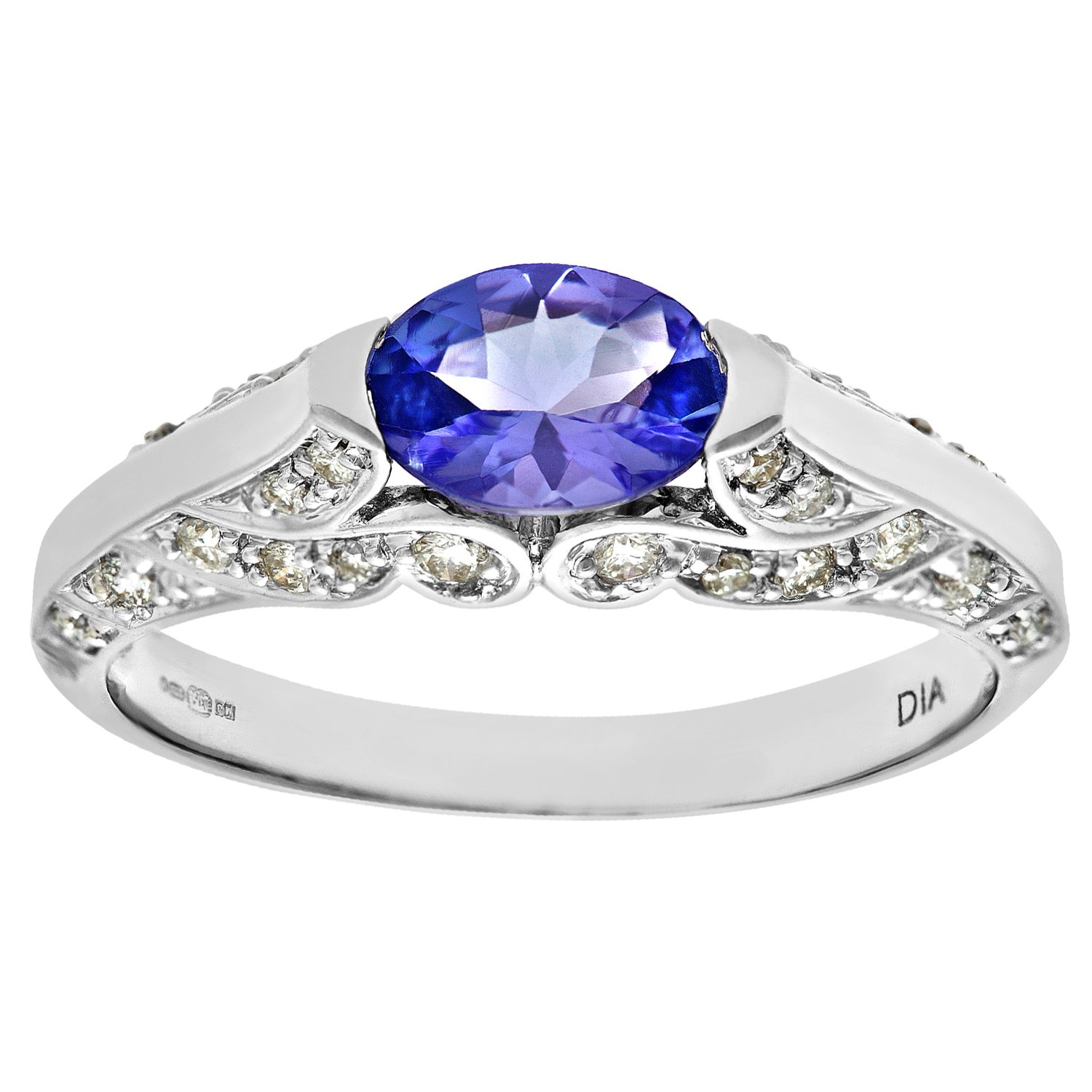 9ct witgouden ovale tanzanietring met diamanten gezette schouders