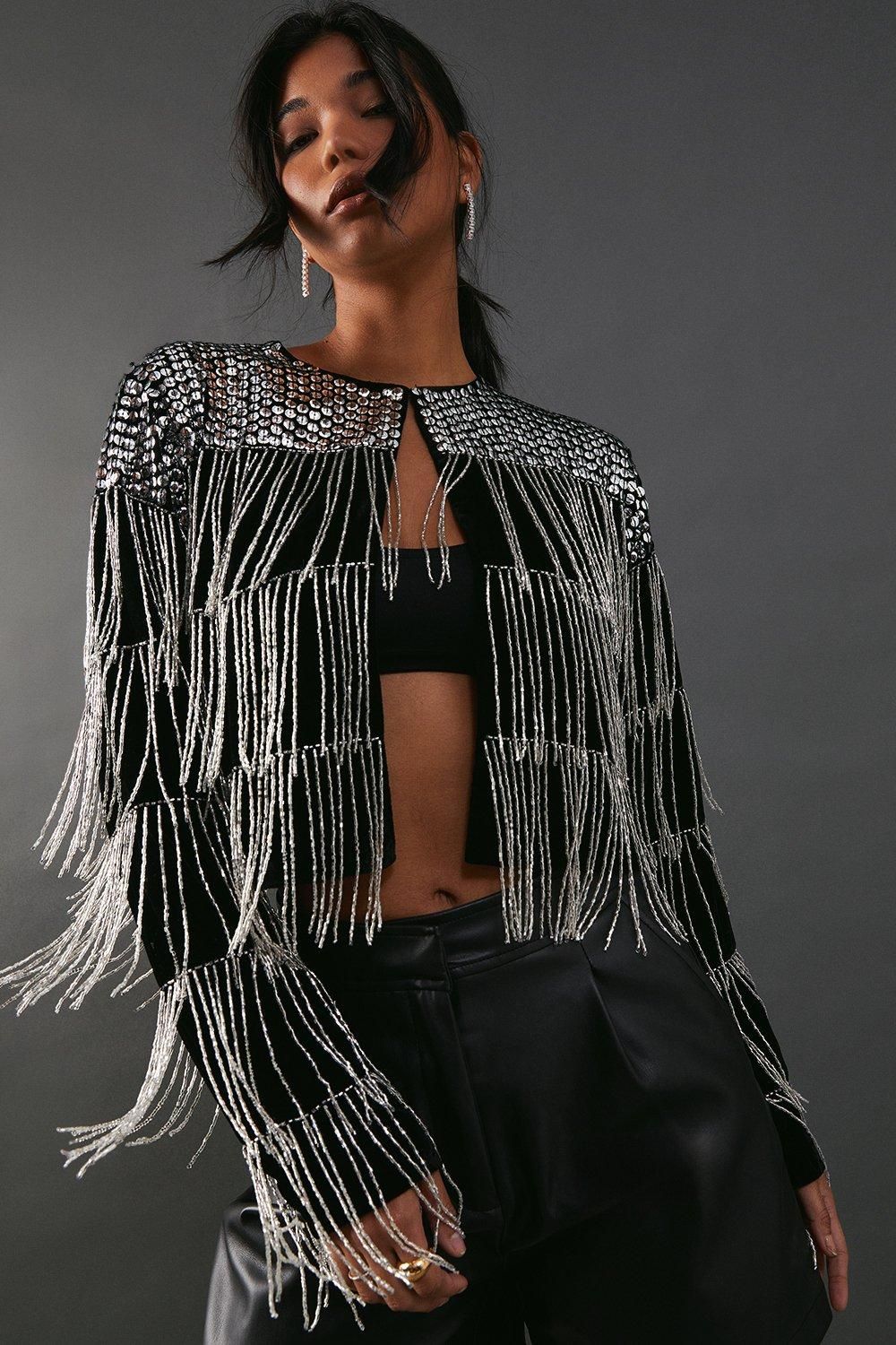 Premium Velvet Hand Embellished Sequin Fringe Jacket