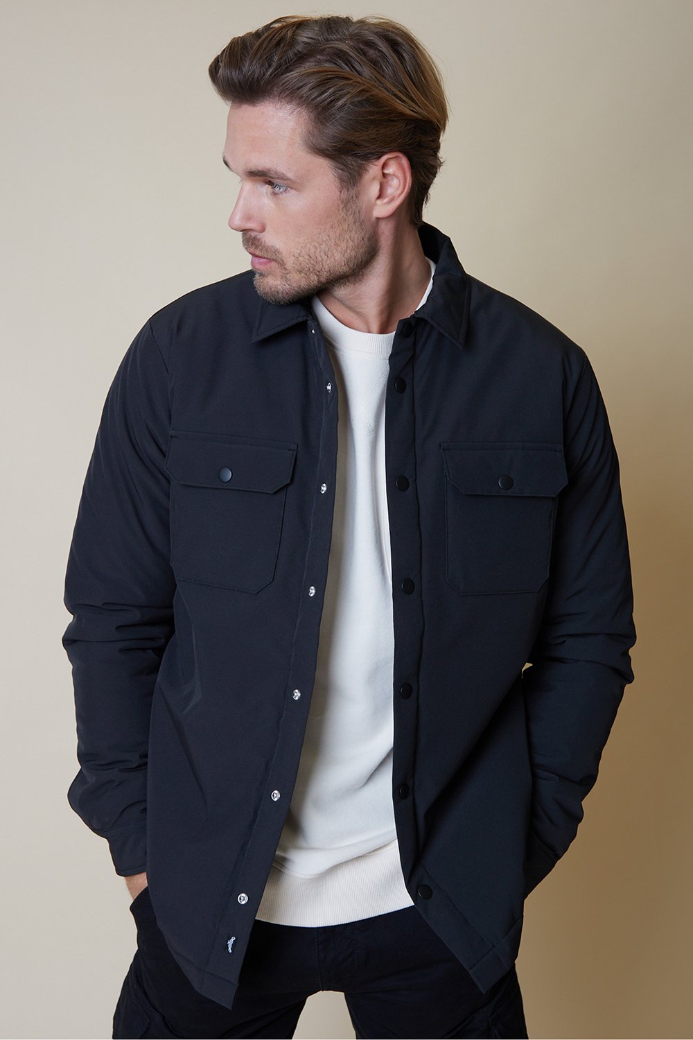 Black 'Merci' Button Up Lightweight Padded Overshirt Shacket