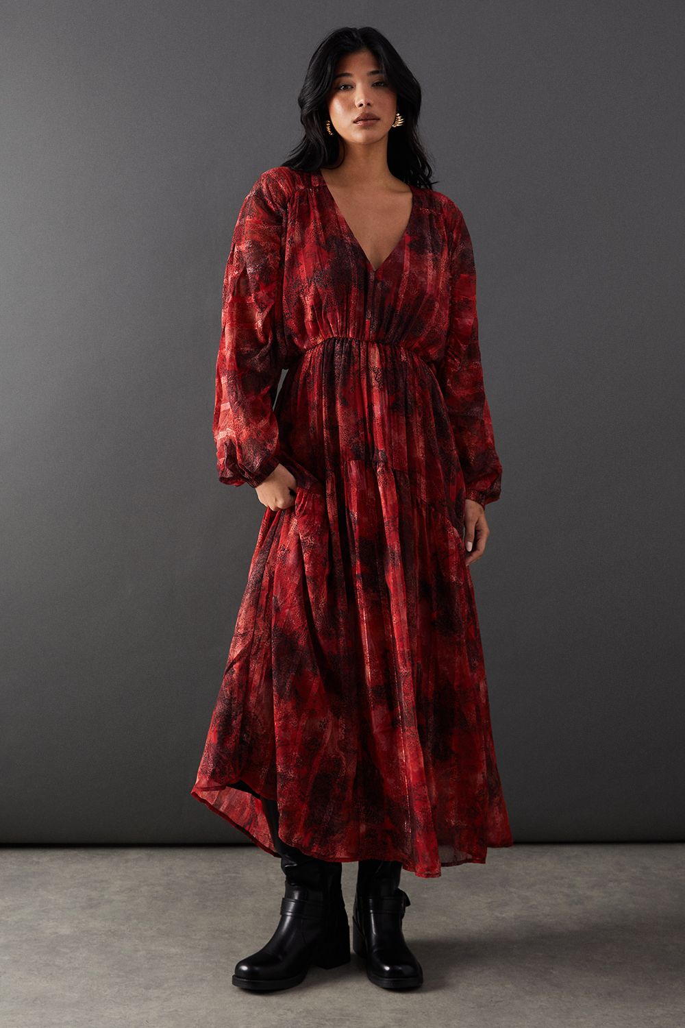 Shadow Stripe Chiffon Plunge Neck Tier Midi Dress