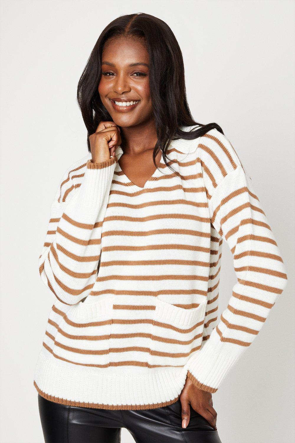 Collared Stripe Knitted Jumper With Pockets
