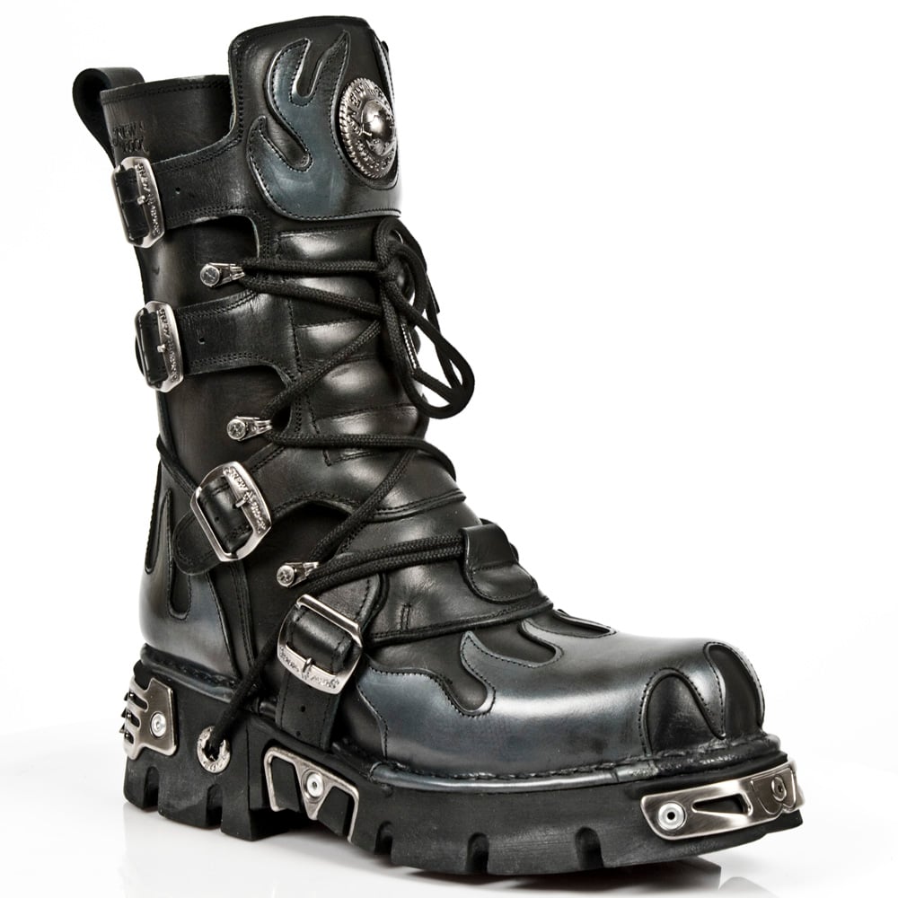 New Rock Flame Accented Black/Silver Leather Boots-591-S2