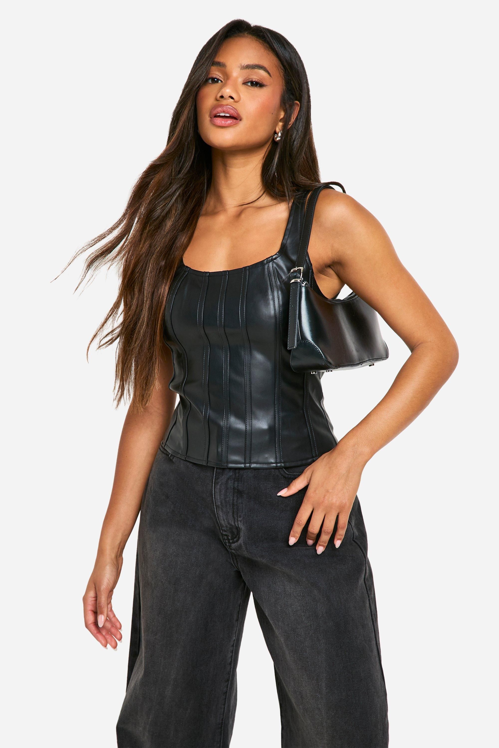 Faux Leather Zip Through Square Neck Corset