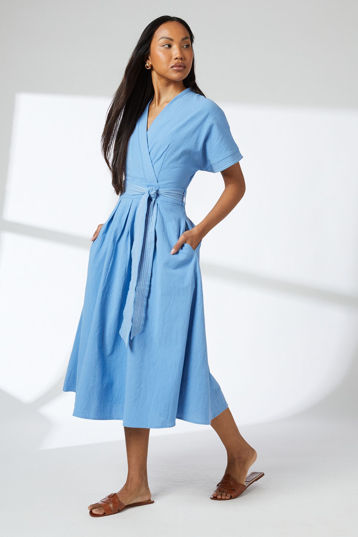 Cornflower Blue Contrast Stitch Cotton Belted Midi Dress