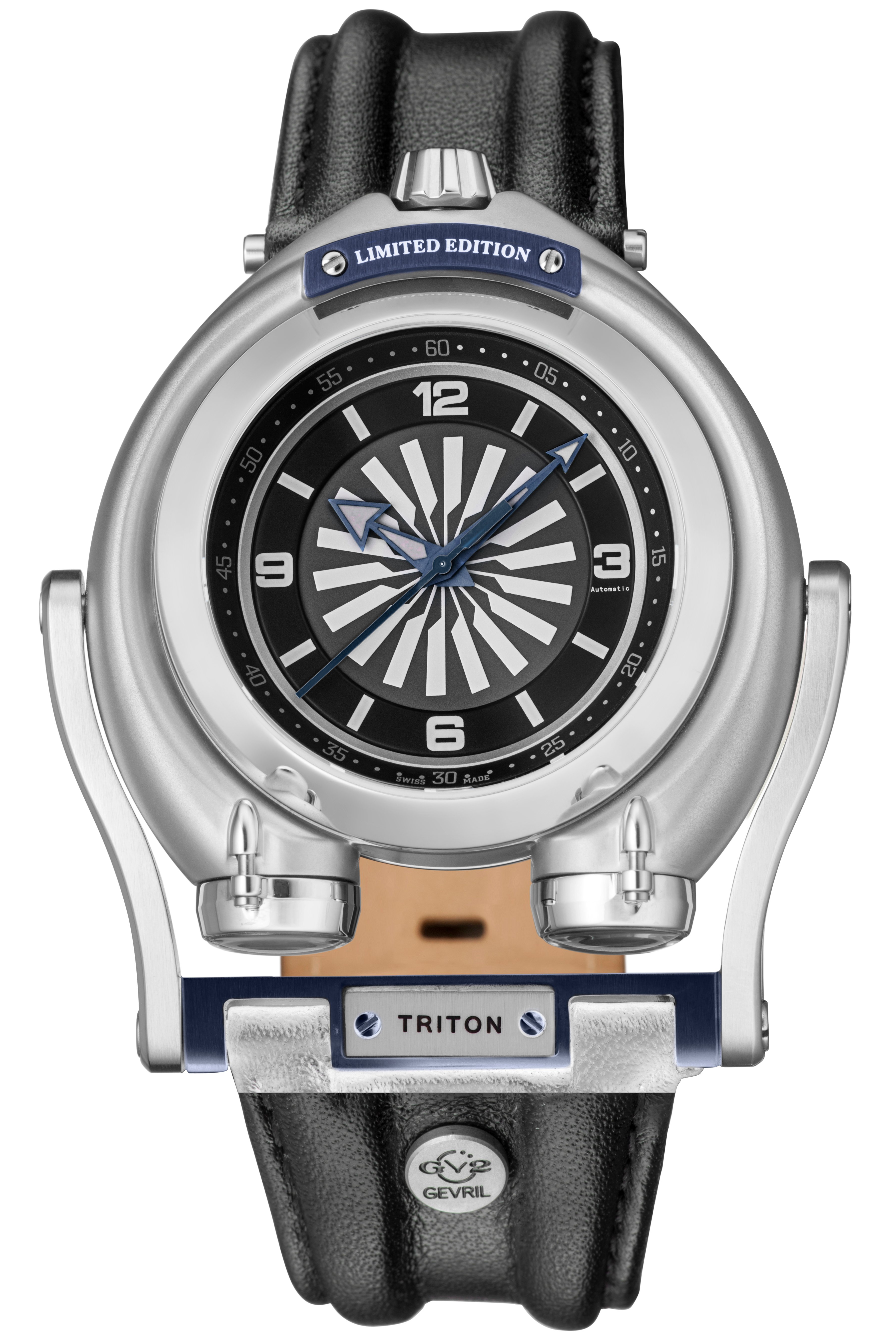 GV2 Triton Black Dial Calfskin Black Leather Swiss Automatic Watch