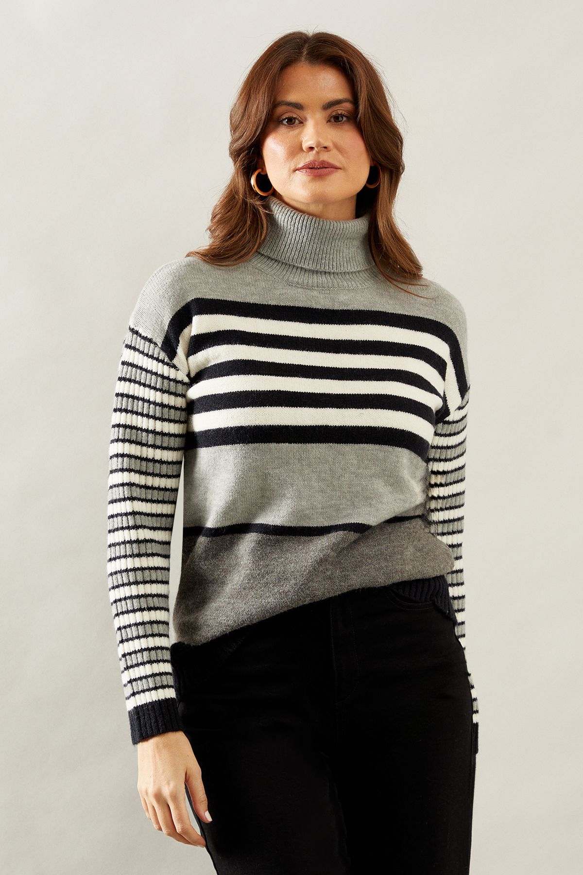 Striped Roll Neck Slouchy Jumper