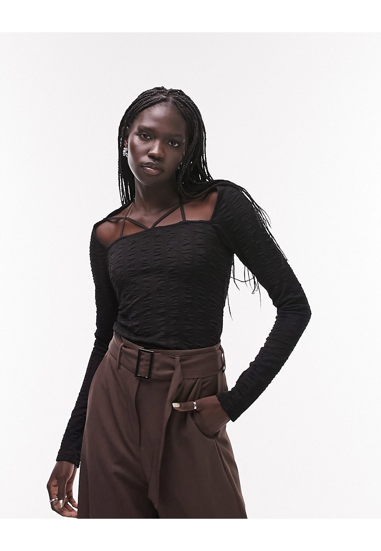 Topshop textured multi strap long sleeve top in black-Neutral