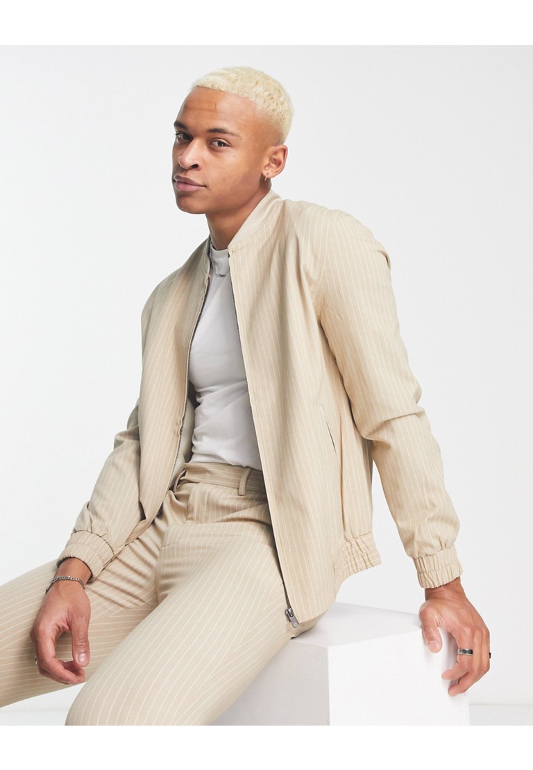 ASOS DESIGN smart co-ord bomber jacket in stone pinstripe-Neutral