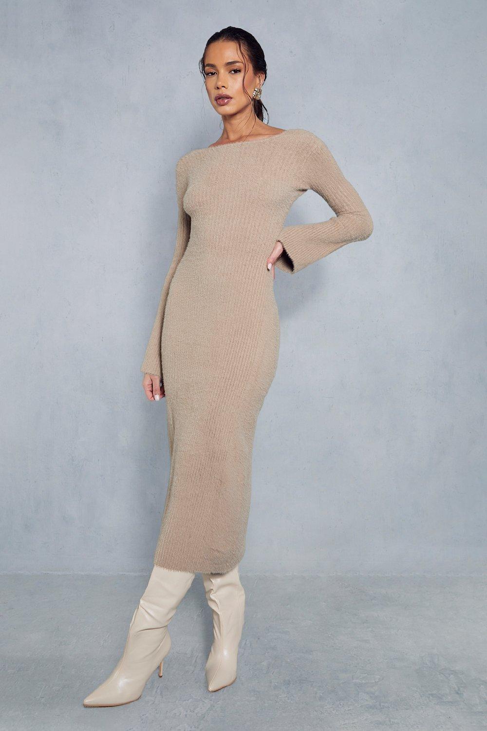 Premium Fluffy Knitted Backless Split Detail Maxi Dress