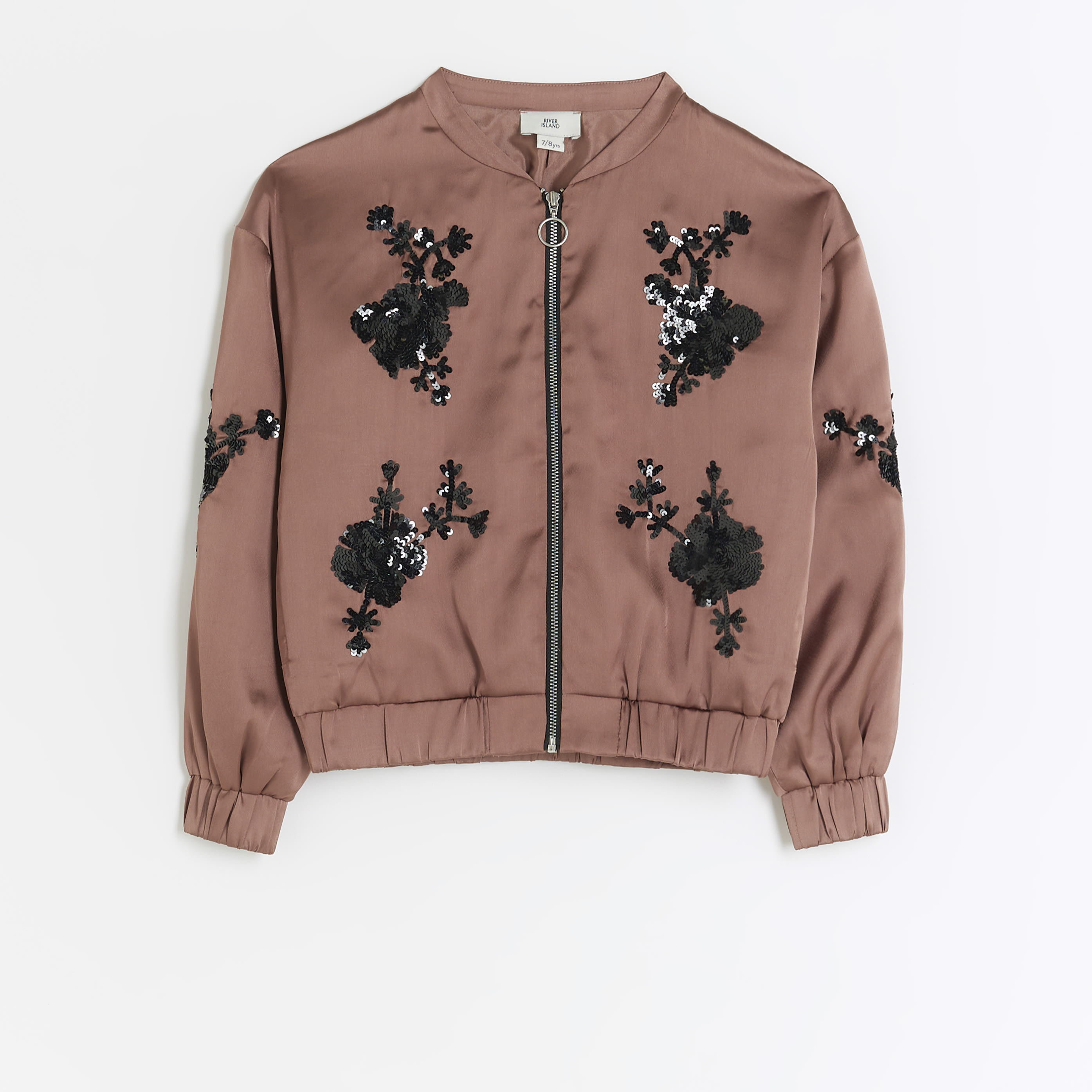 River Island Girls Bomber Jacket Pink Floral Sequin