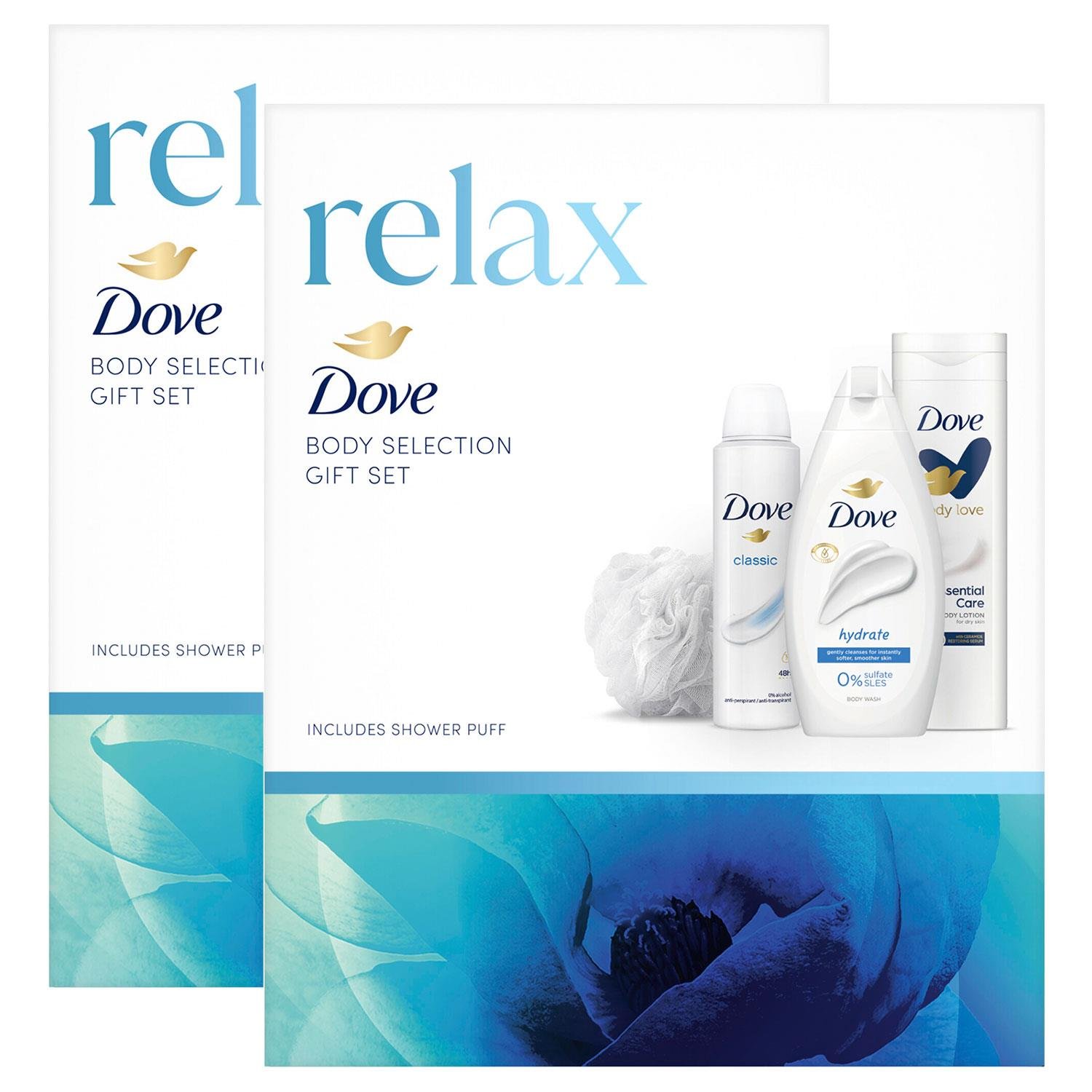 Dove Relax Body Gift Set for Her with Shower Puff, 2 Pack