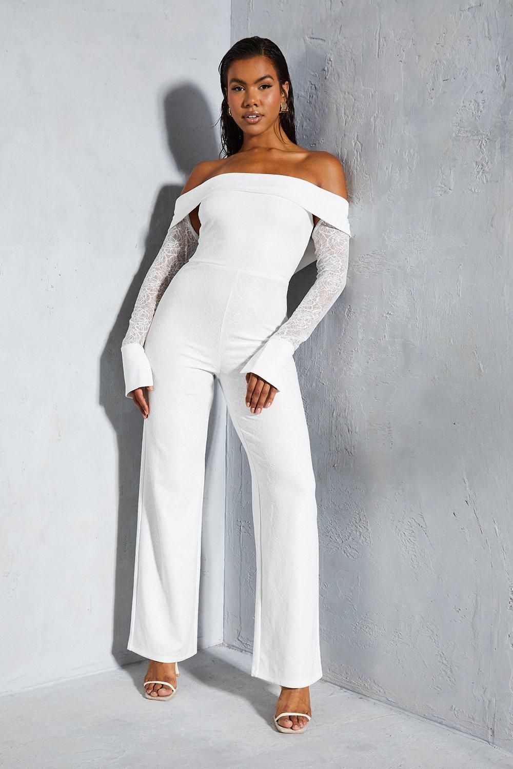 Lace Bardot Cuff Detail Straight Leg Jumpsuit