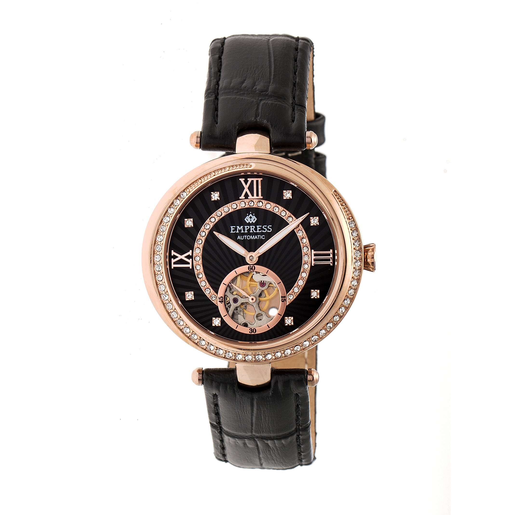Empress Stella Automatic Semi-Skeleton MOP Leather-Band Watch