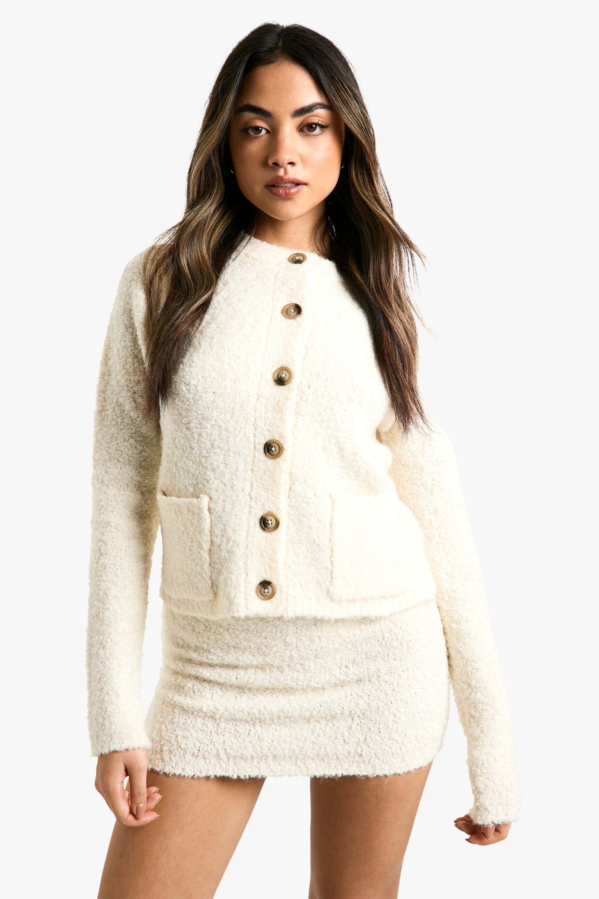 Borg Knitted Pocket Detail Crop Cardigan And Low Rise Micro Mini Skirt Set