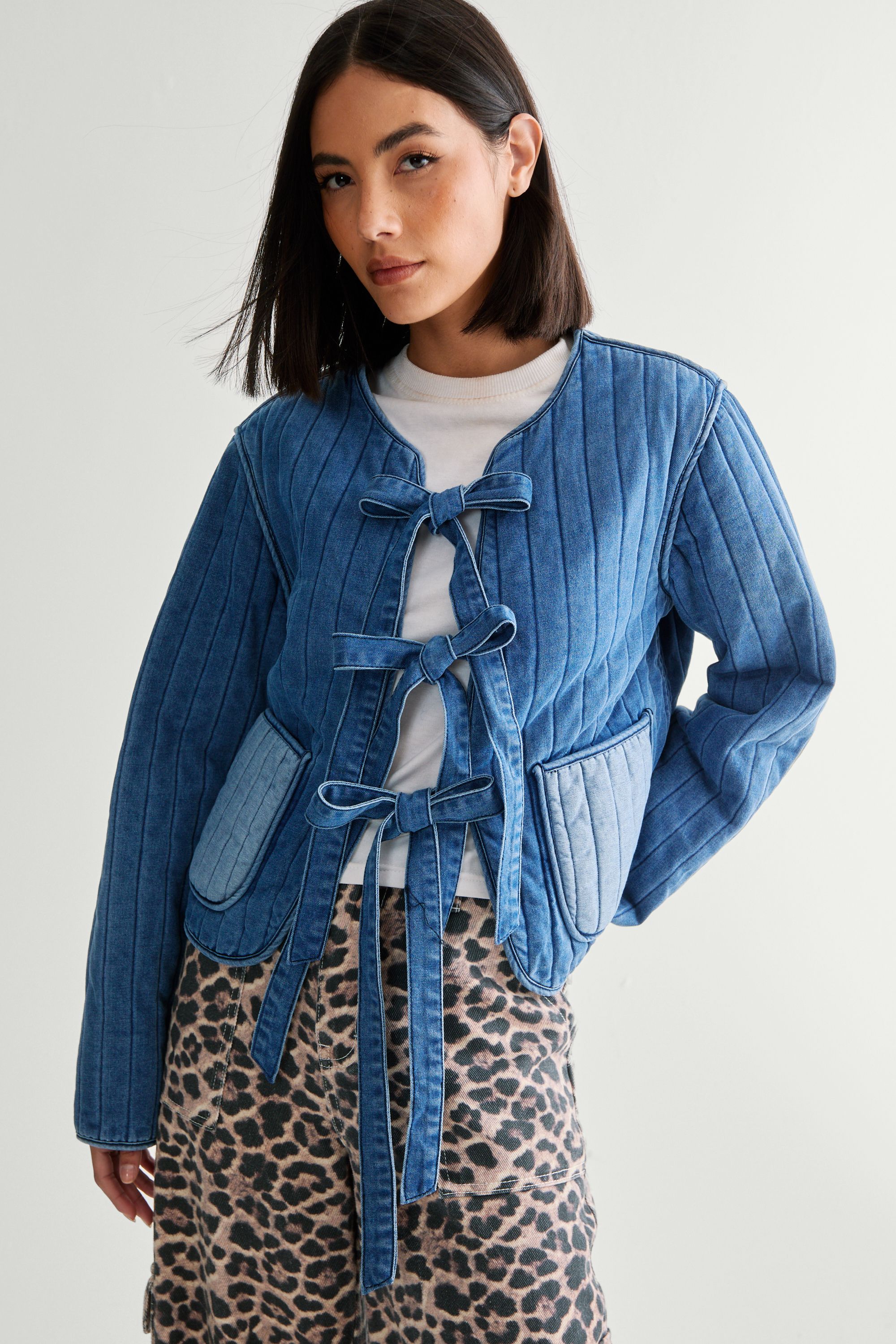 Long Sleeve Reversible Tie Front Denim Jacket