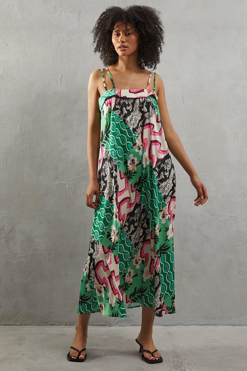 Mixed Print Satin Strappy Square Neck Midi Sundress