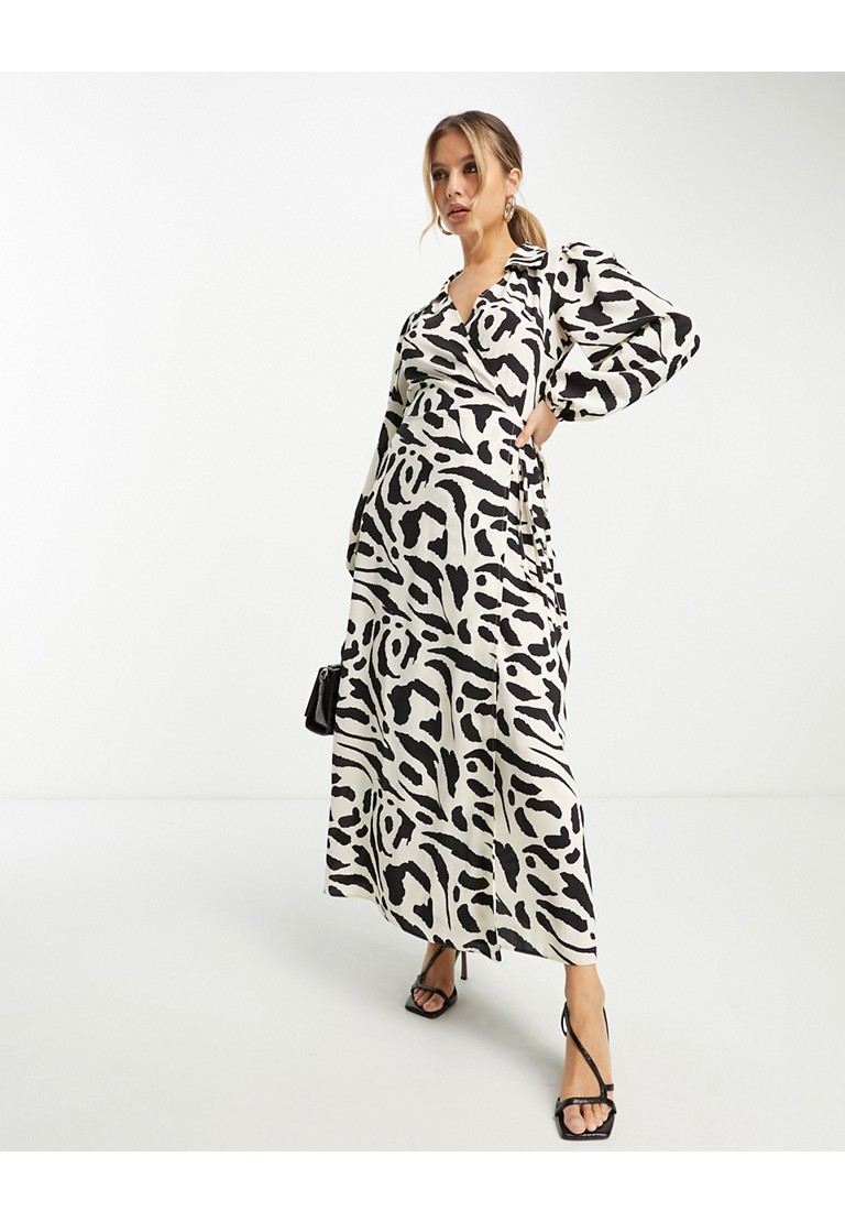 ASOS DESIGN collared wrap midi dress in mono abstract print-Multi