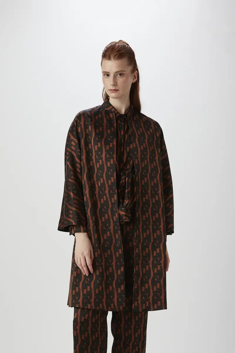 Monogram Print Satin Coat in Brown