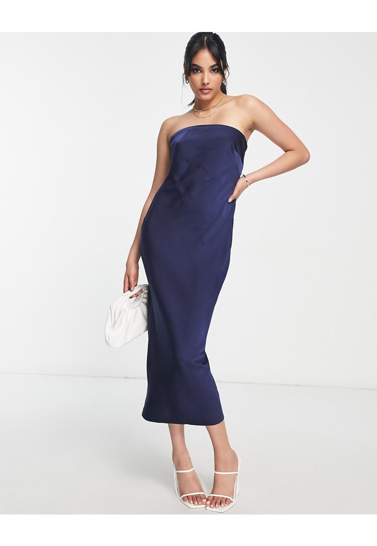 ASOS DESIGN satin bandeau midi dress with cowl back in navy-Blue