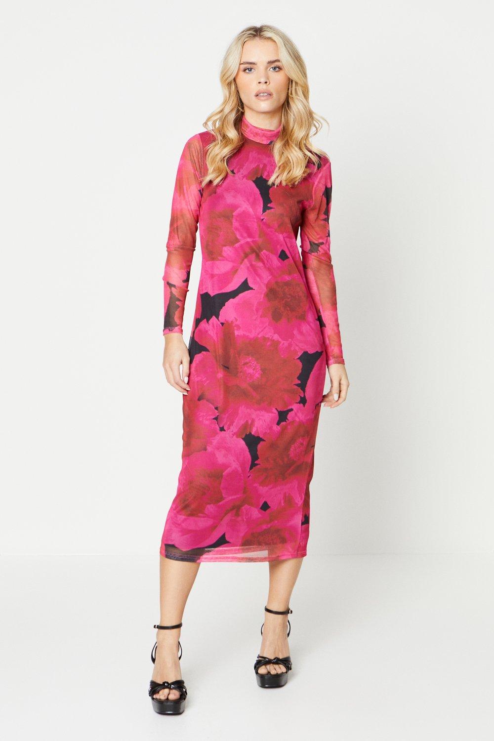Petite Mesh Long Sleeve Funnel Neck Midi Dress