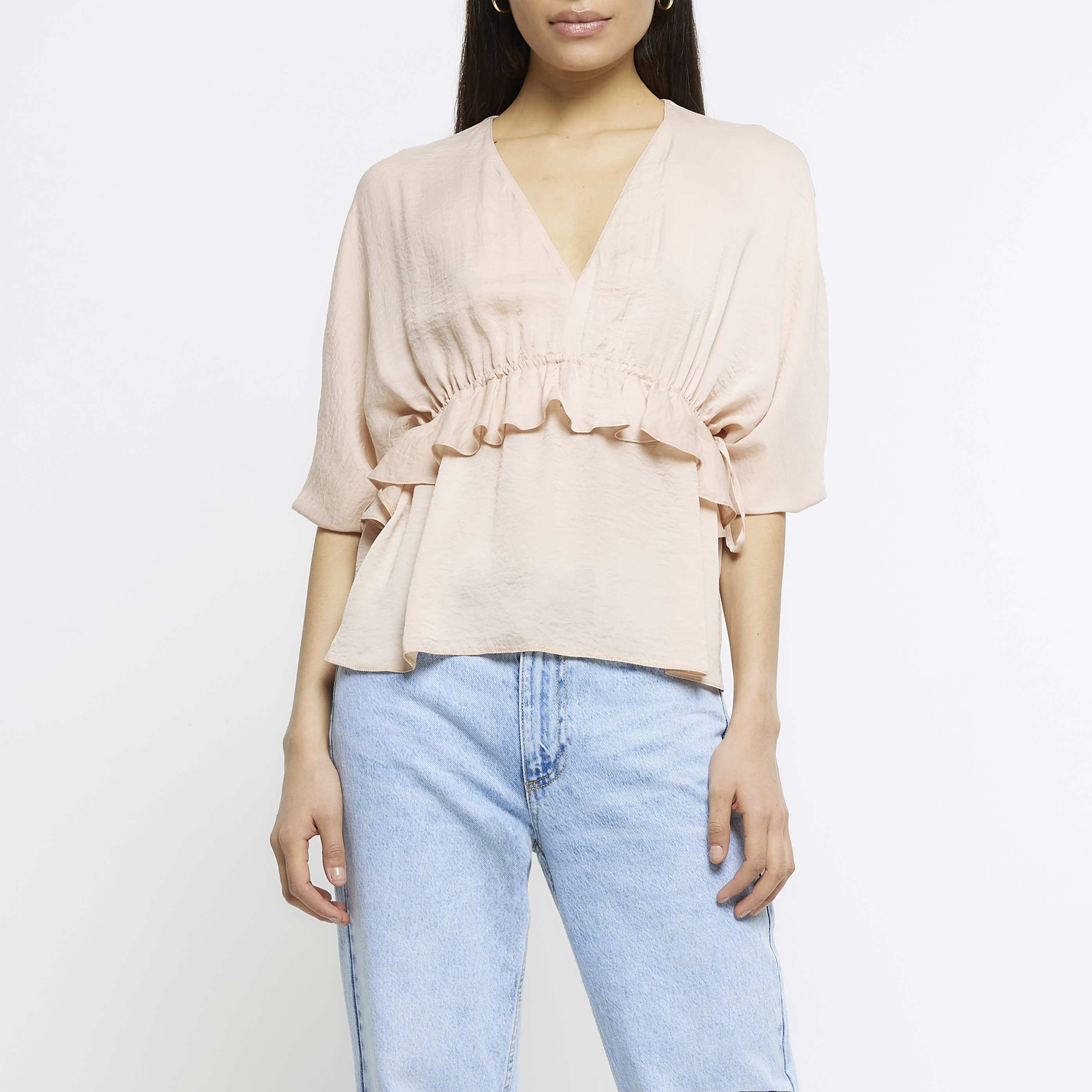 River Island Womens Blouse Cream Ruffle Tea V-Neck