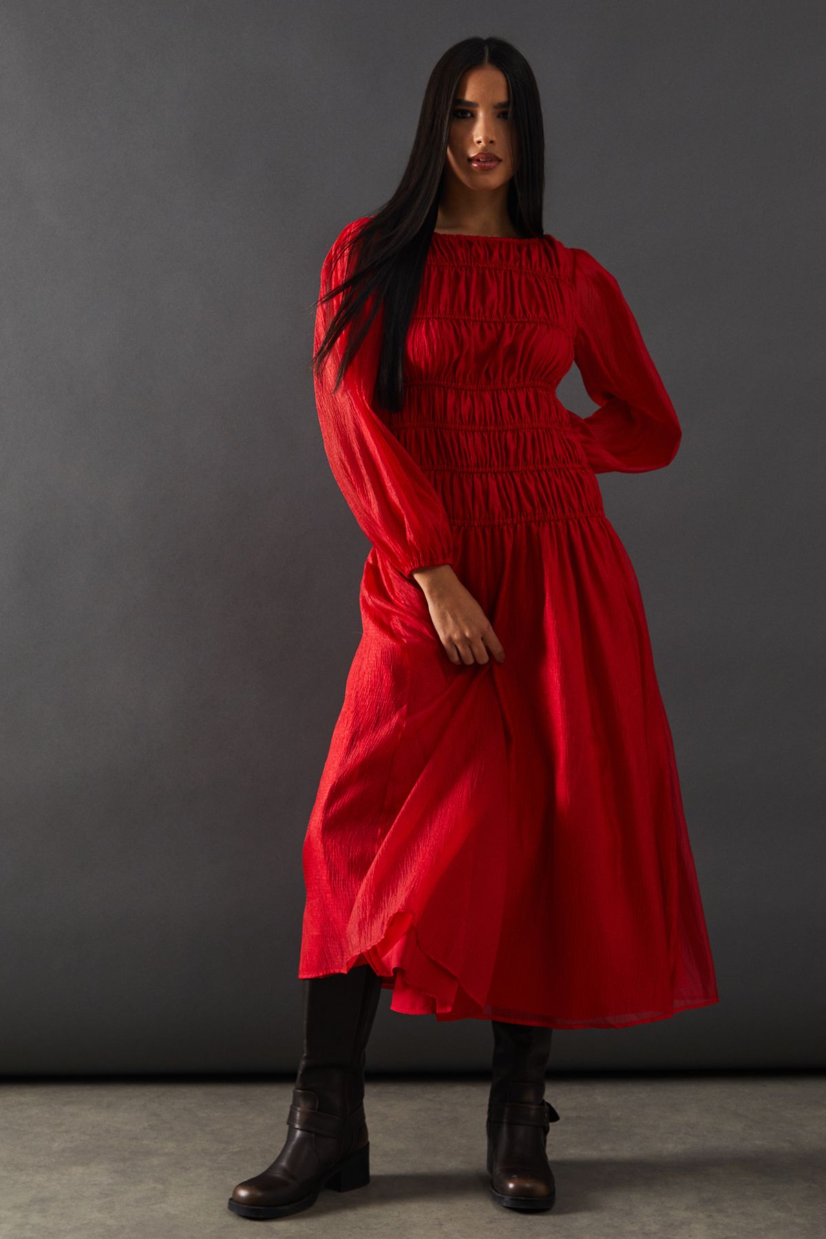 Shirred Chiffon Panel Bodice Midi Dress