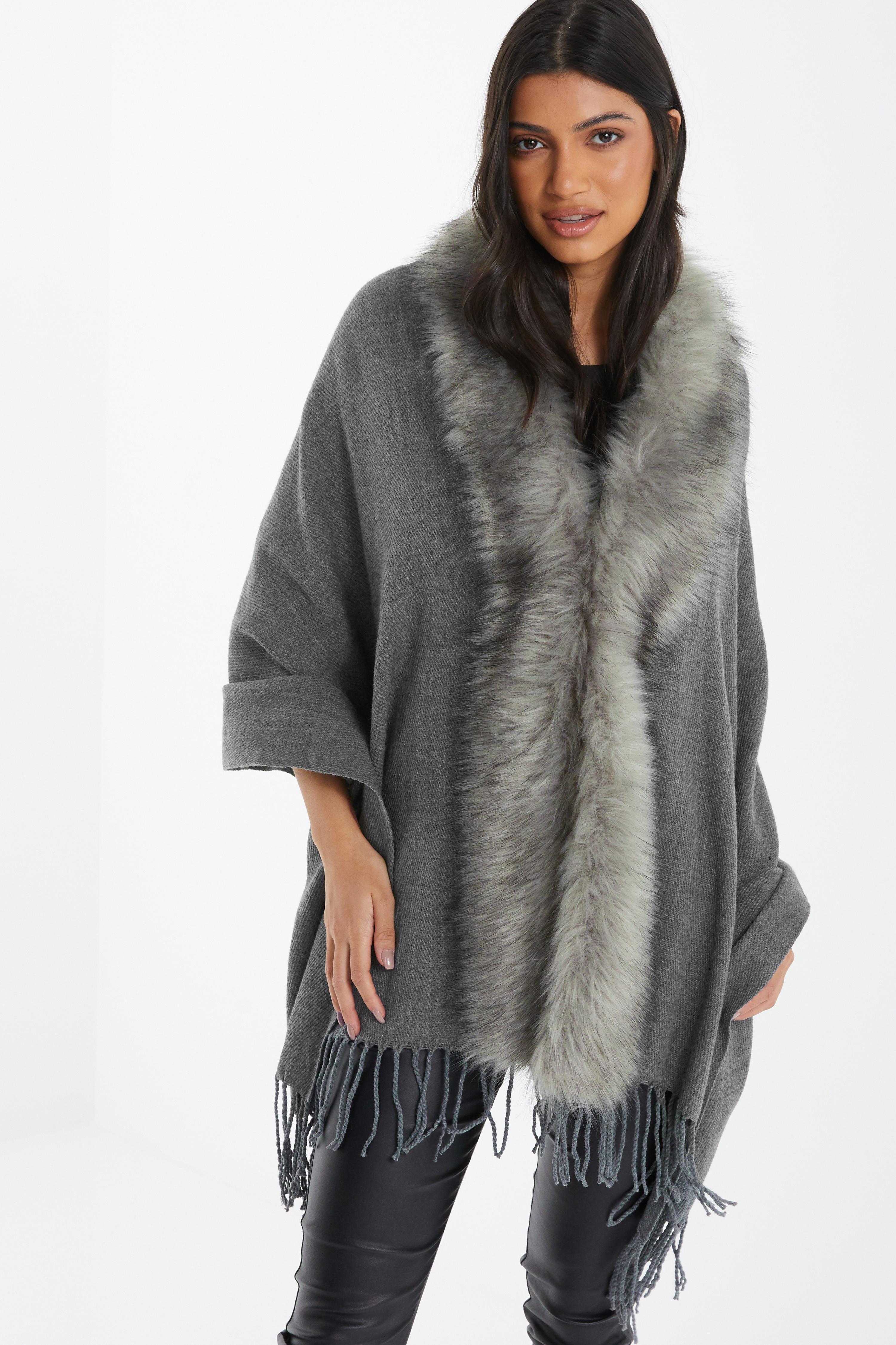 Grey Faux Fur Trim Cape
