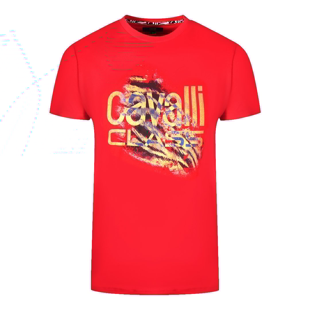 Cavalli Class Slashed Tiger Print Bold Logo Red T-Shirt
