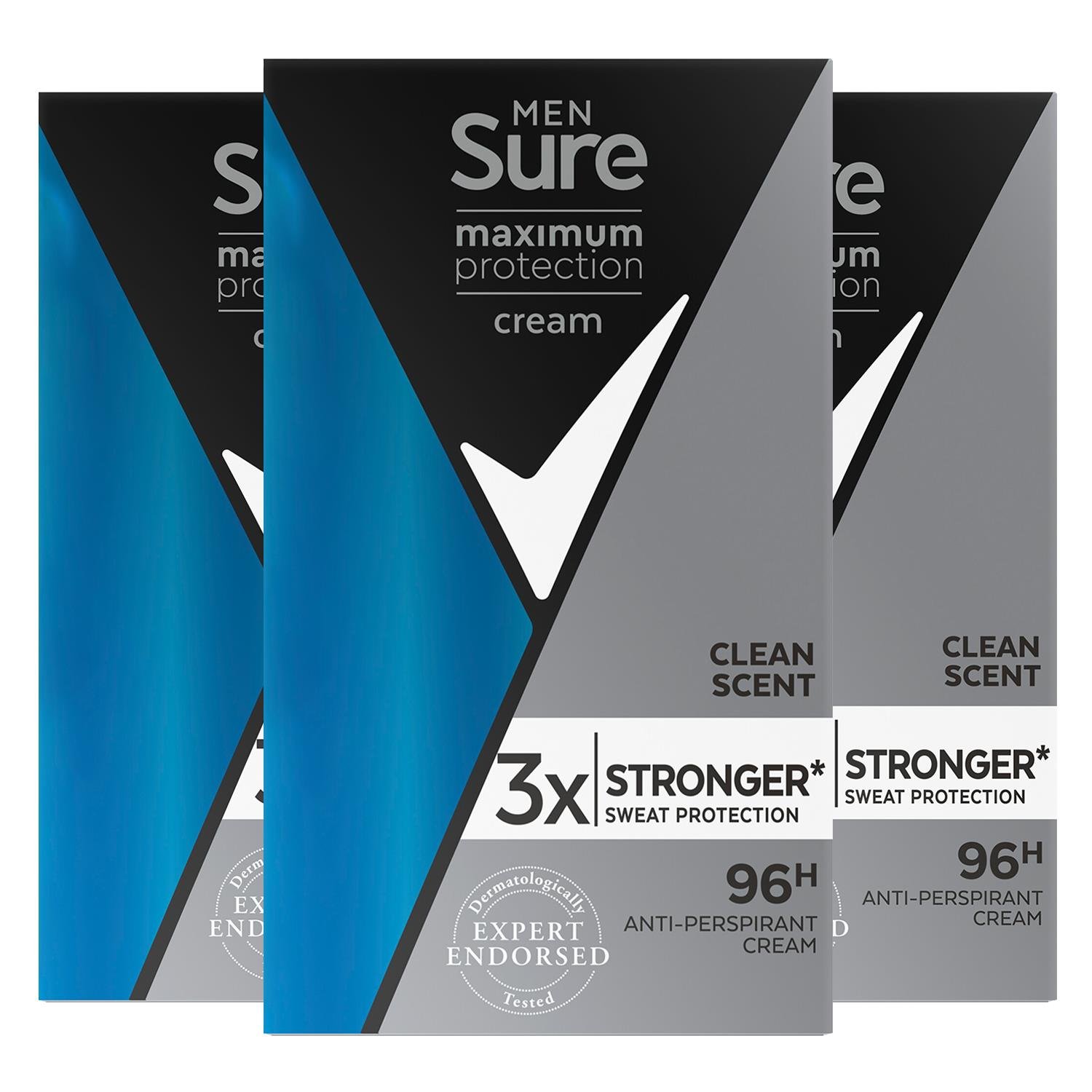 Sure Men Maximum Protection Clean Scent Anti-Perspirant Cream 45ml, 3 Pack