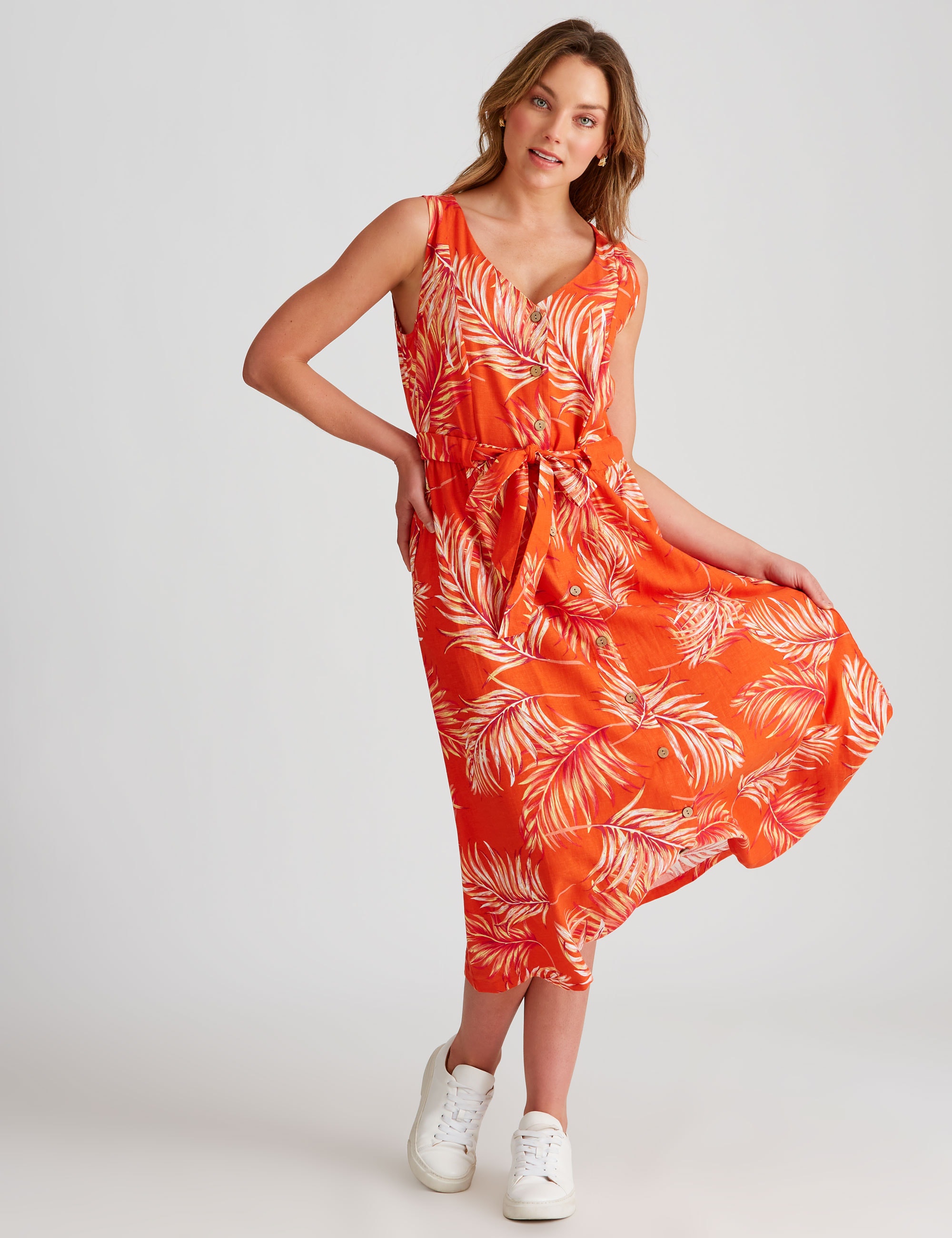 Womens Rockmans Linen Tie Waist Midi Dress