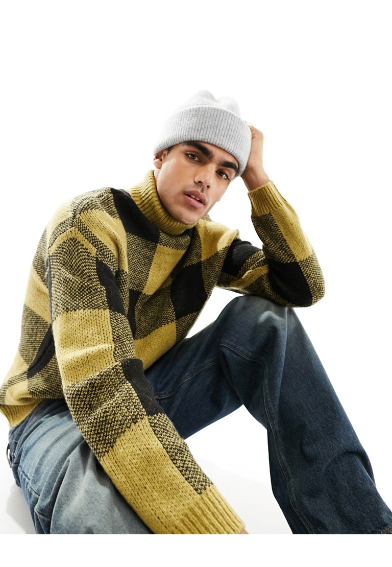 ASOS DESIGN fluffy knit check roll neck jumper in beige & black