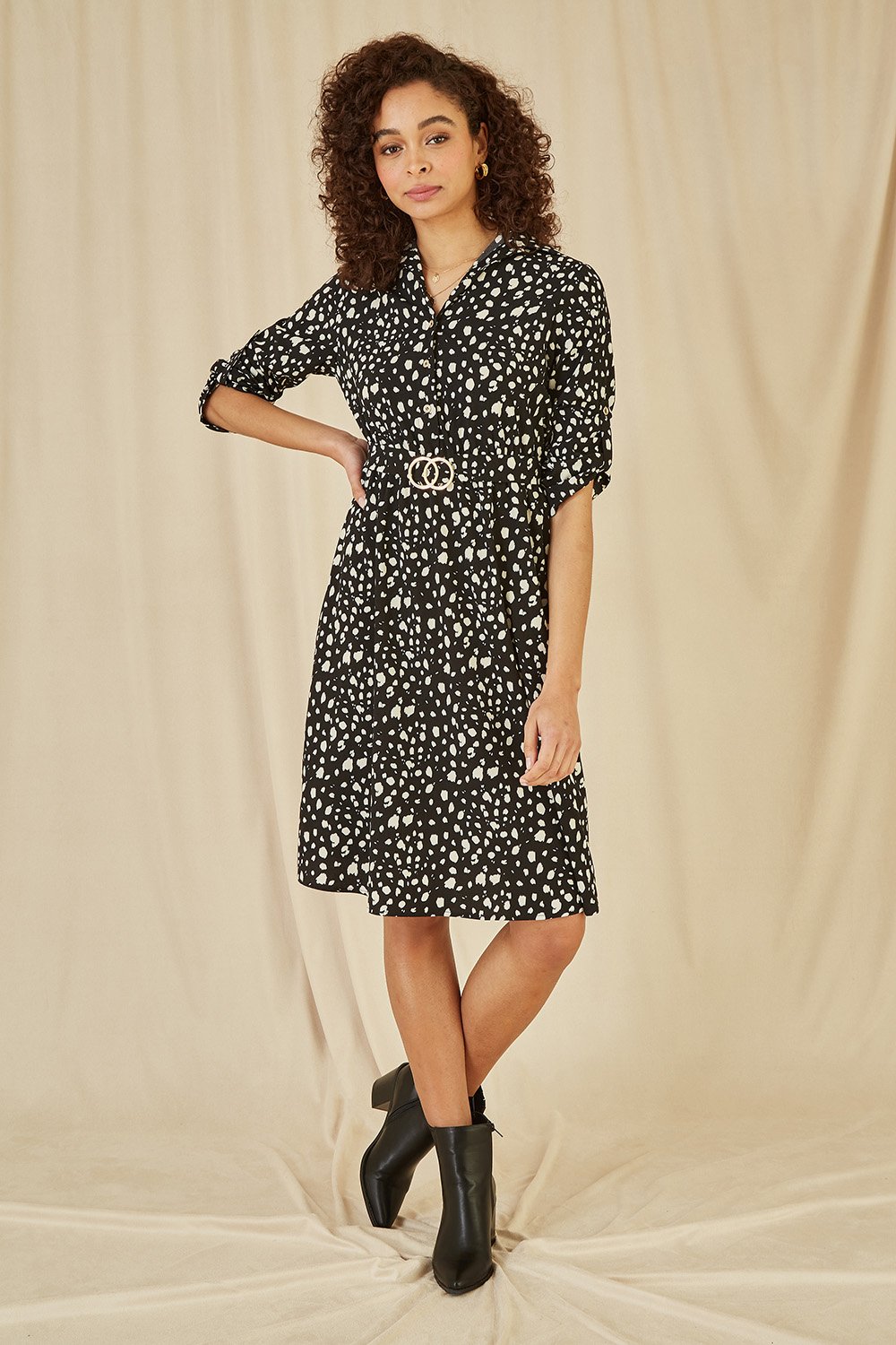 Black Dash Print Skater Dress With Buckle