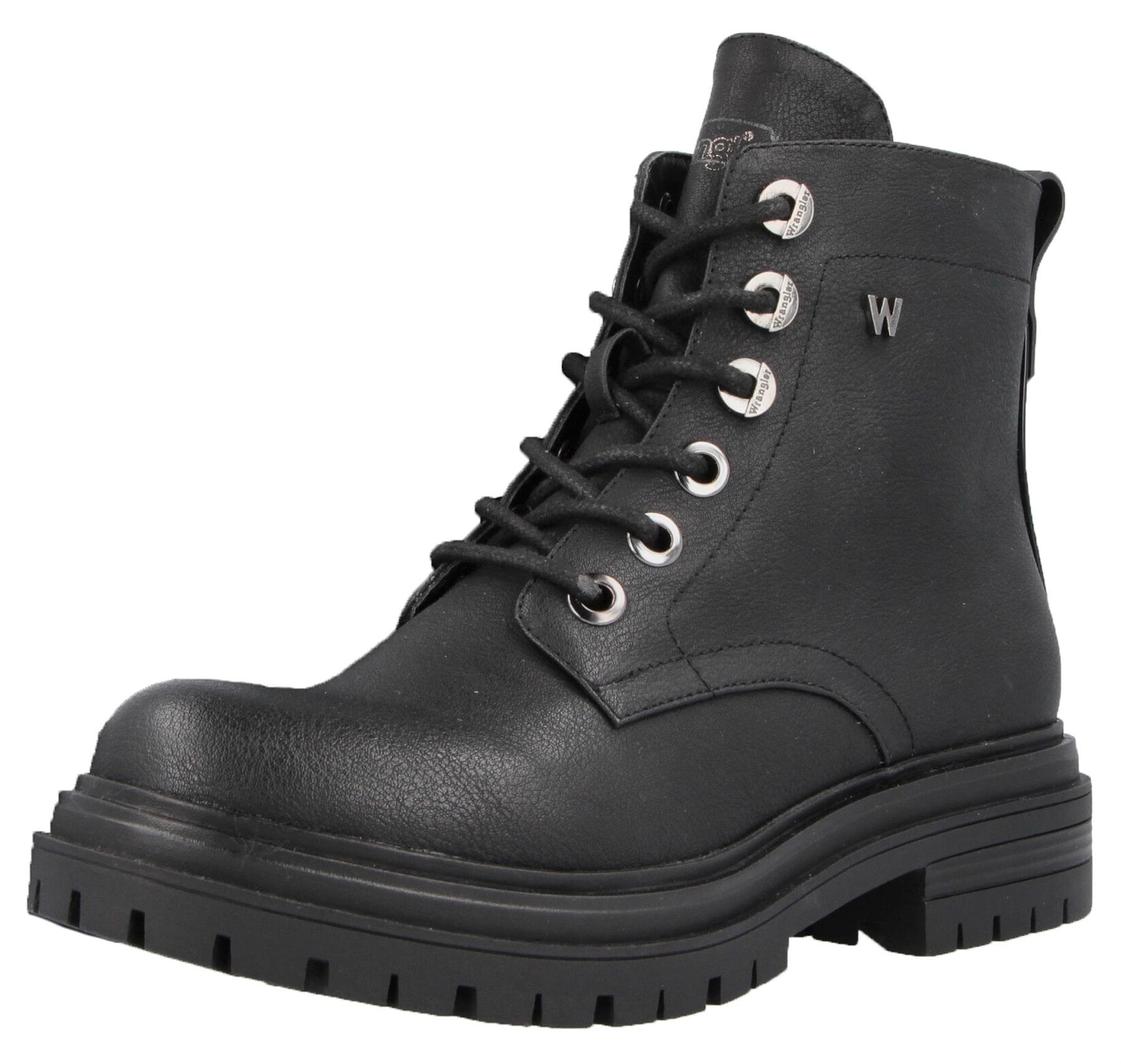 Wrangler Courtney Lace PU Brushed Leather Black Womens Ankle Boots