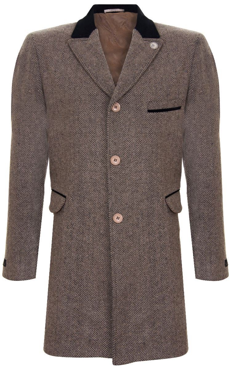 Mens 3/4 Brown Long Crombie Overcoat Jacket Herringbone Tweed Coat ...