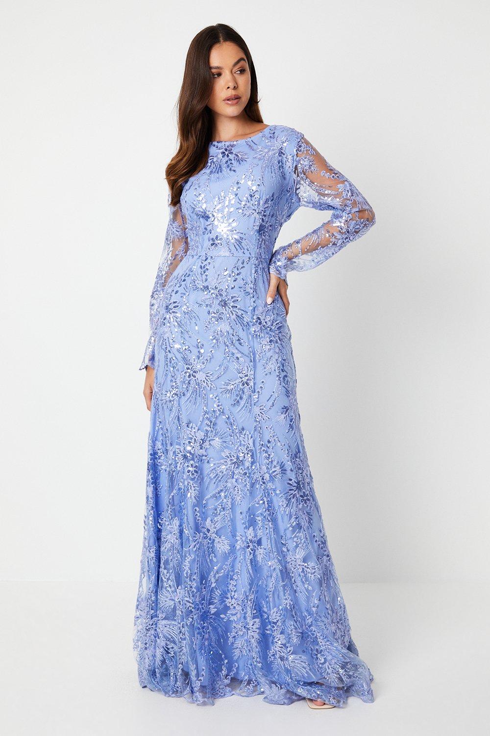 Long Sleeve Embroidered Mesh Fishtail Gown