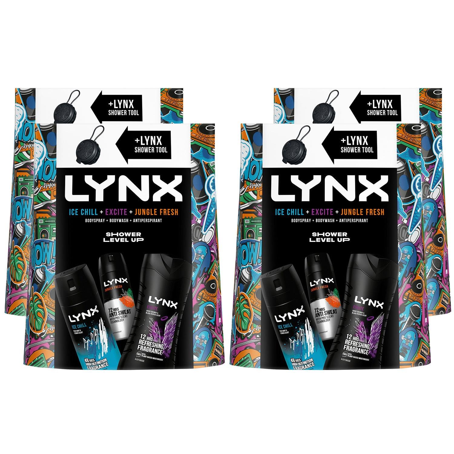 Lynx Ice Chill, Excite, Jungle Fresh w/ Shower Tool, 4pk