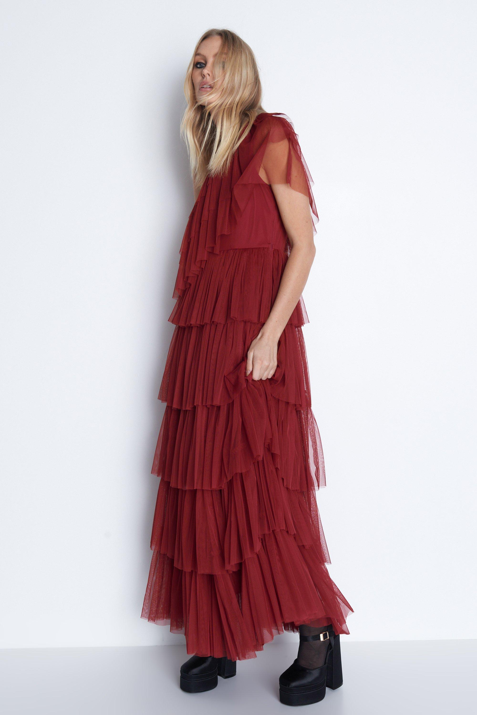 Tulle Asymmetric Ruffle Maxi Dress