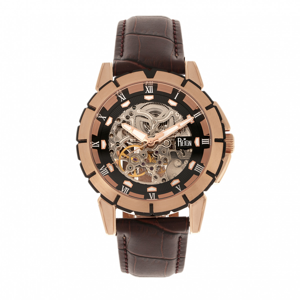 Reign Philippe Automatic Skeleton Leather-Band Watch