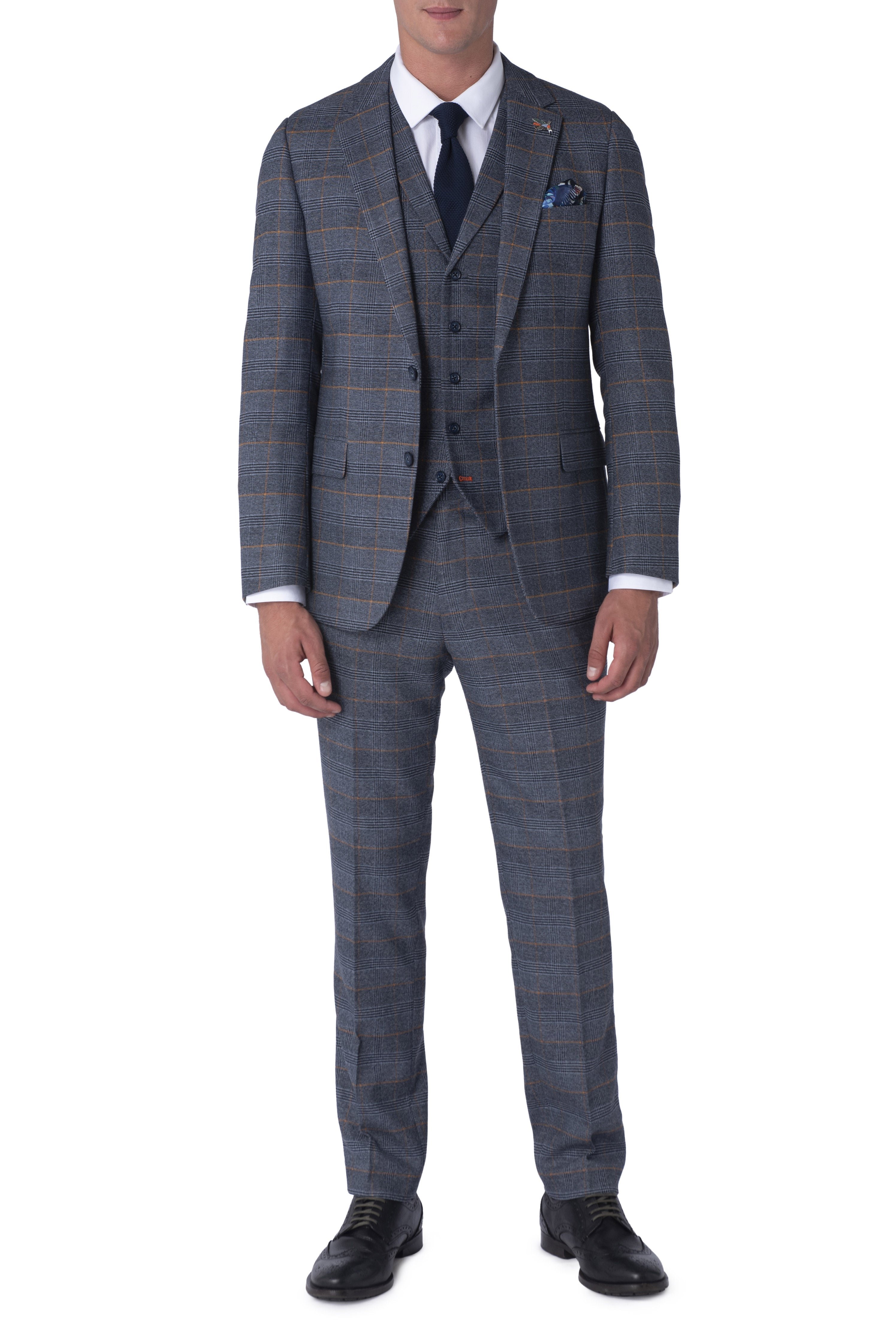 Callum Harry Brown Grey & Orange Check Three Piece Suit