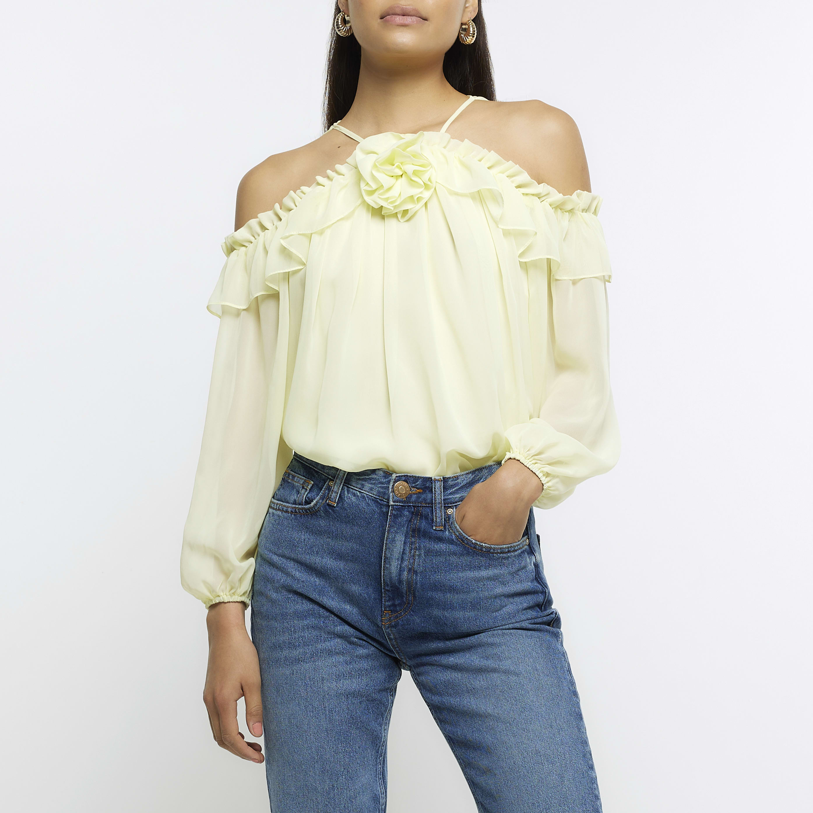 River Island Womens Blouse Yellow Cold Shoulder Corsage