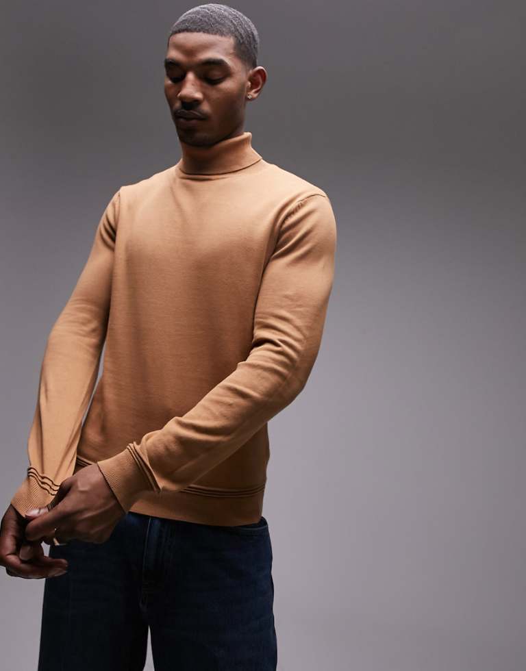 Topman roll neck jumper in camel-Neutral
