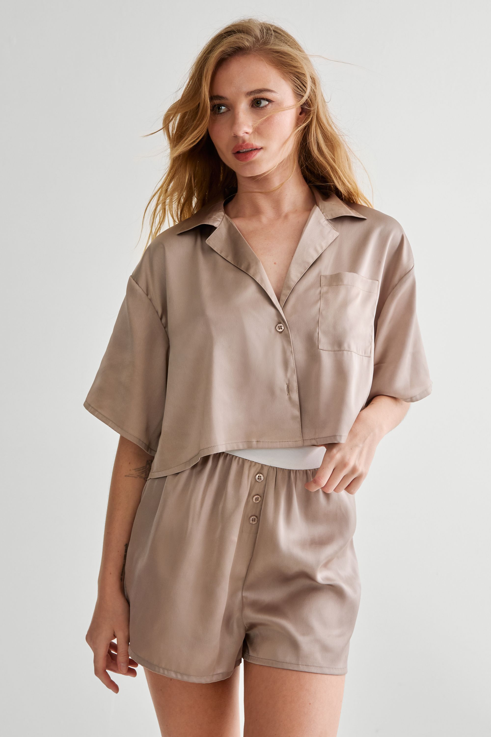 Satin Boxy Shirt And Boxer Short Pajama