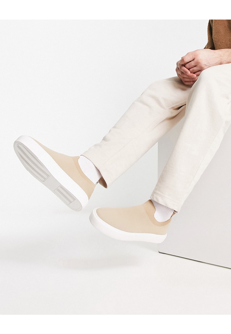 ASOS DESIGN knitted slip on trainers in stone-Neutral
